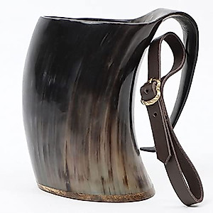 Mythrojan Viking Horn Mug Tankard with Leather Strap Safely Holds Hot and Cold Liquids Coffee Hot Chocolate - Wine Beer Mead