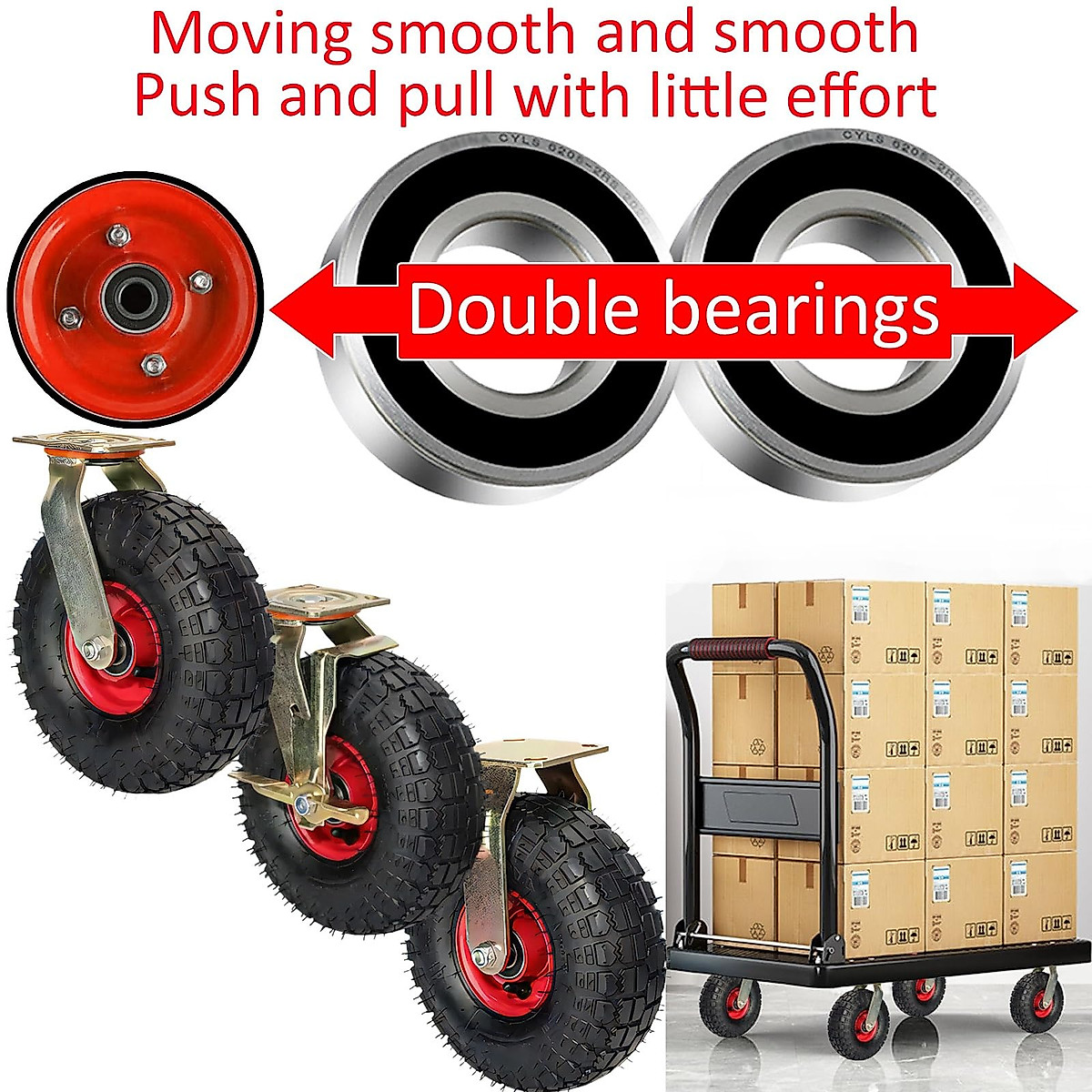 8/10-Inch Pneumatic Fixed Caster Wheel No Noise Swivel Castors with Brakes, 4pcs Wear-Resistant Replacement Foot Wheel, for Trolley Carts Furniture Dolly Workben