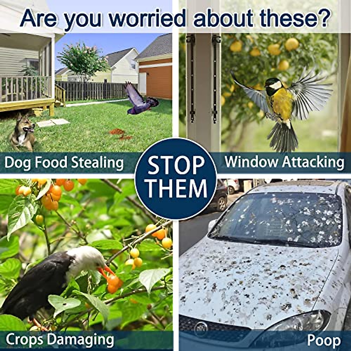 kungfu Mall Owls to Keep Birds Away, Fake Owl, Reflective Hanging Decoration Garden Owl Keep Birds Away from Garden Porch Roof Carport Garage 4PCS