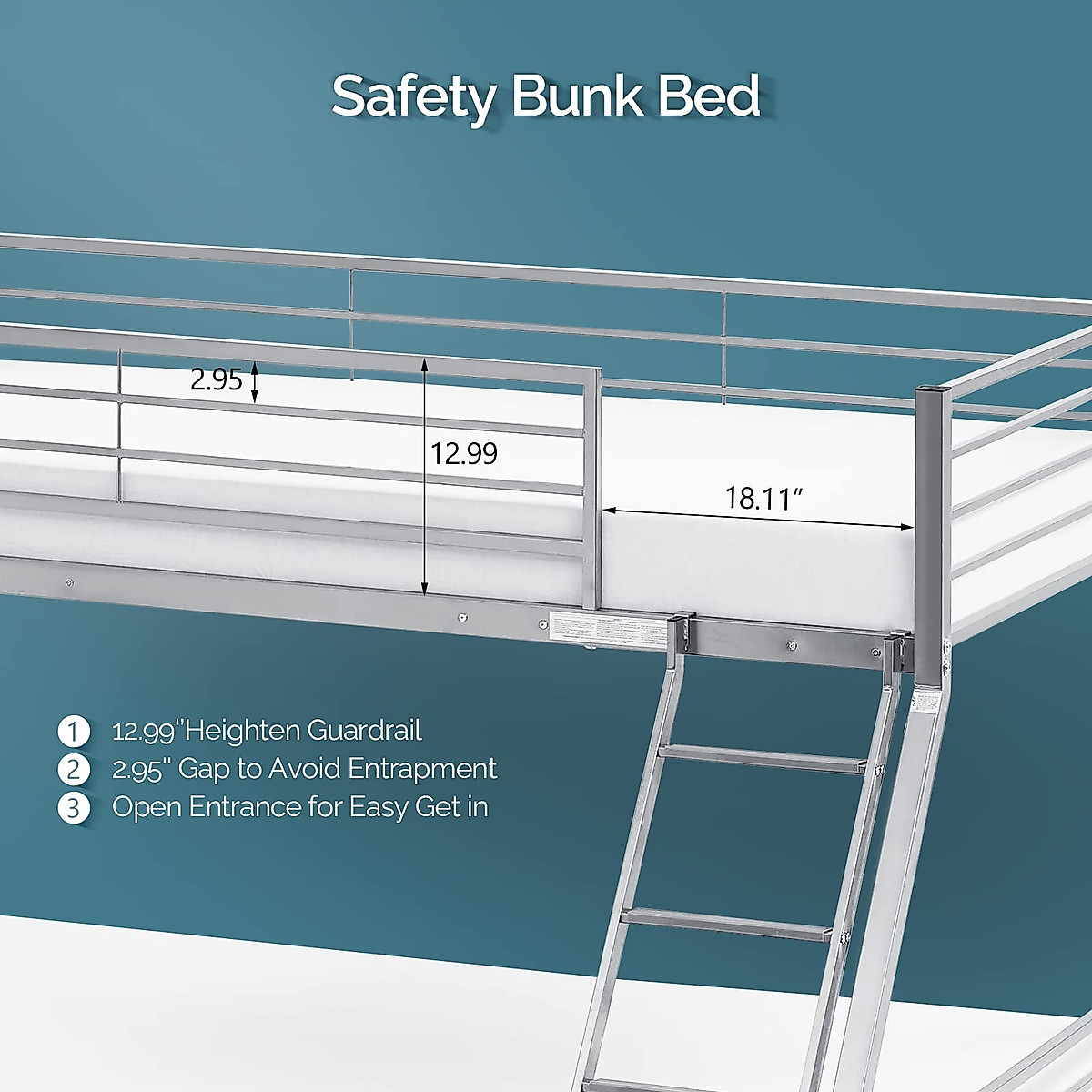 Bonnlo Bunk Beds Twin over Full Size with Flat Rung Steps, Heavy Duty Bunk Beds for Kids/Teens/Adults,13 inches Reinforced Guardrail, Gray