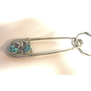 Hand Crafted by Virginia Johnson Giant Diaper Pin W/Key Ring Chain W/Nugget Dyed Turquoise & Crafted Eagle