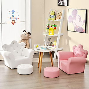 FIREFLOWERY Toddler Chair, Toddler Chairs Comfy, Princess Kids Couch with Ottoman, Toddler Couch with Wooden Frame and PVC Leather, Kids Sofa for Girls and Boys, Ideal for Bedroom, Living Room