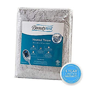 Beautyrest Brushed Long Fur Electric Throw Blanket Ogee Pattern Warm and Soft Heated Wrap with Auto Shutoff, 50 in x 60 in, Grey