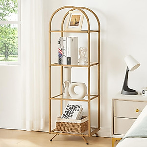 HOMBAZAAR Bookshelf,4-Tier Modern Bookcase,Book Shelf with Tempered Glass,Tall Bookshelf for Home Office, Bedroom and Living Room,Gold.