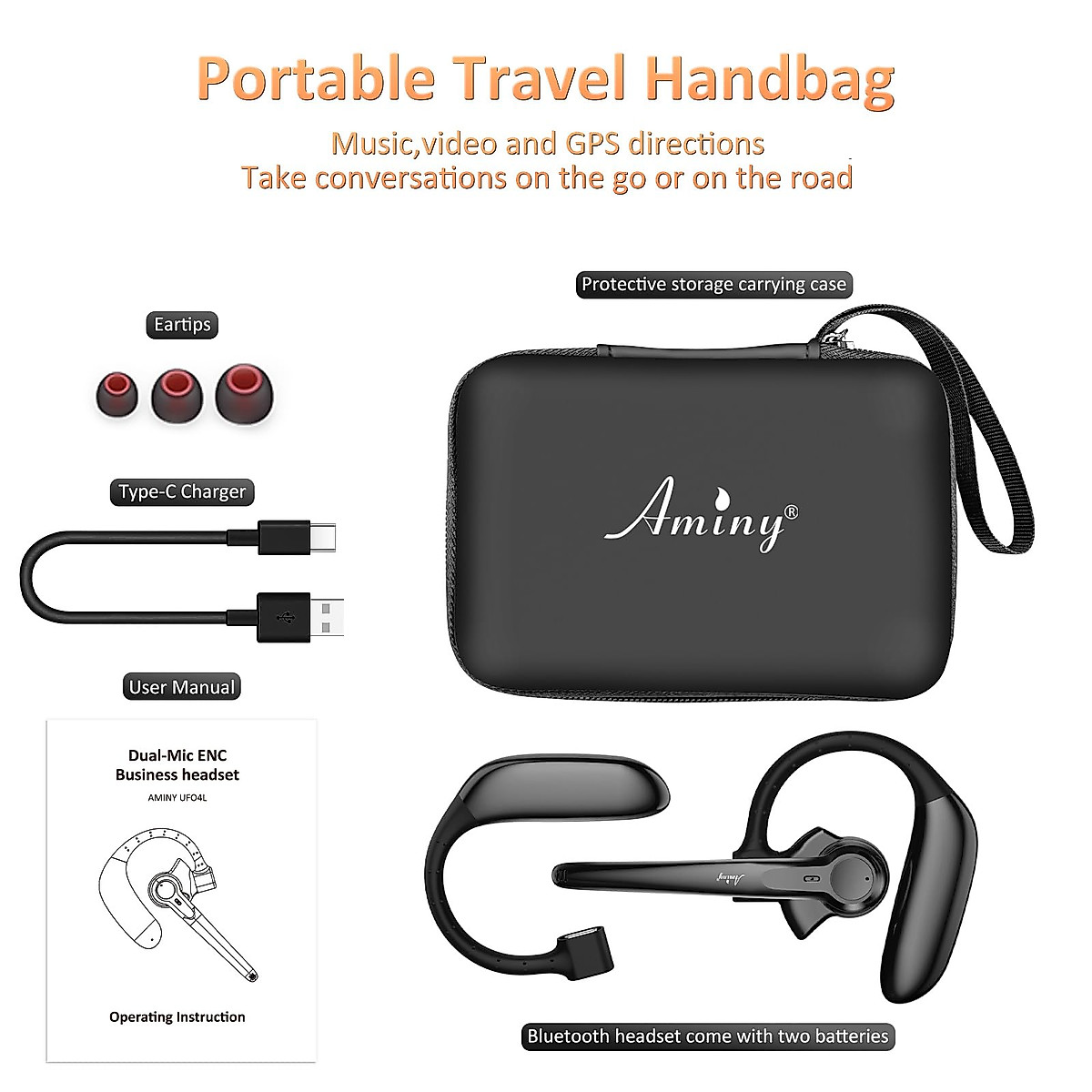 AMINY Wireless Bluetooth Headset with Dual Microphone Noise Cancelling,Auriculares Bluetooth Earpiece 30 Hrs Talking Time V5.3 Bluetooth Earphones Wireless Headset for Trucker/Driving/Office