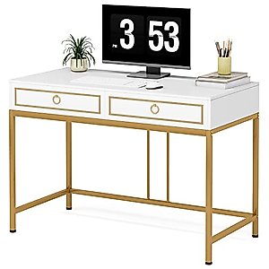 Tribesigns Computer Desk with 2 Drawers, 41.34” Modern Simple White and Gold Writing Desk with Storage Drawers, Makeup Vanity Console Table Study Desk for Home Office