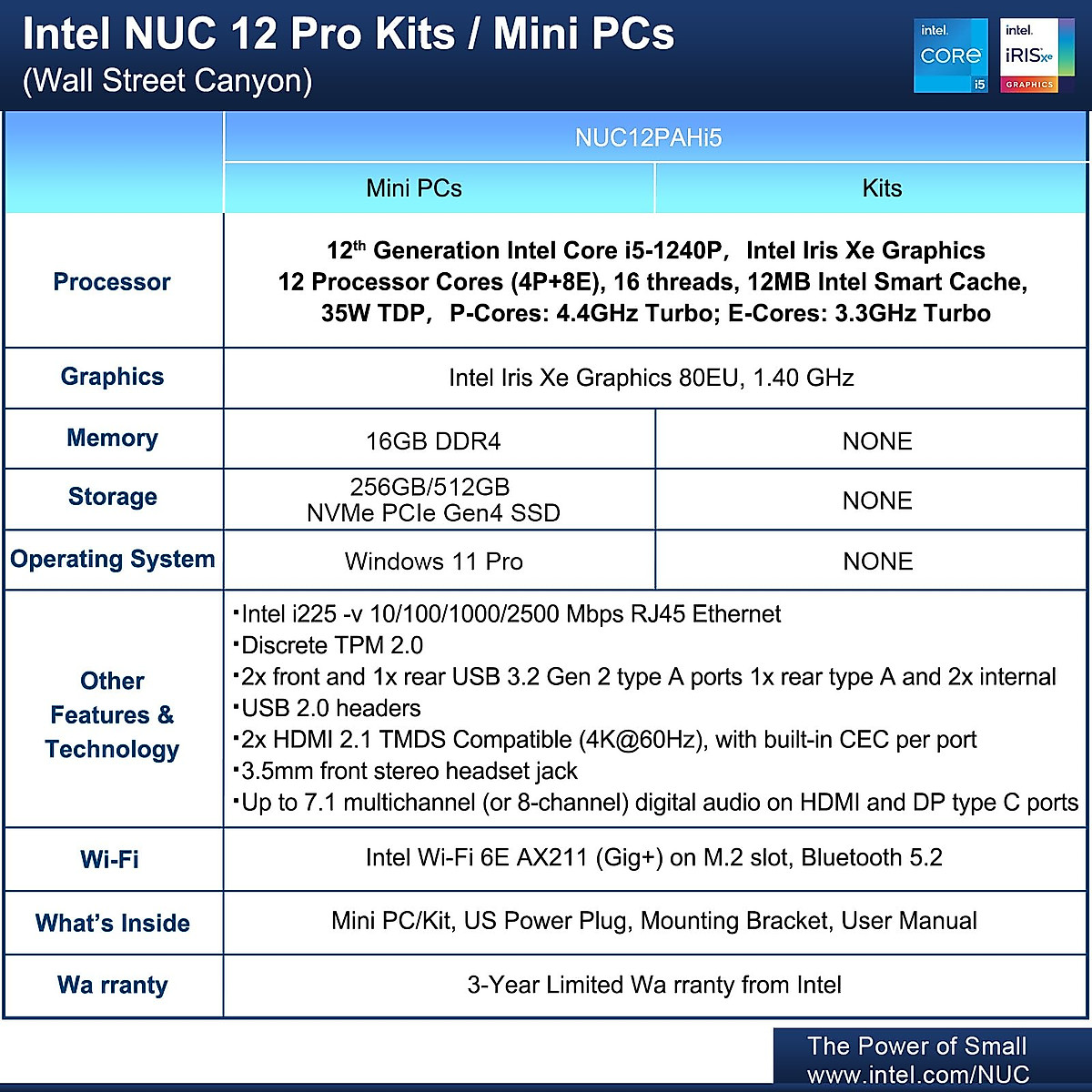 Intel NUC 12 NUC12WSHi5 Wall Street Canyon Mini Computer 12th Gen Intel Core i5-1240P, 12 Cores(4P+8E), 16 Threads, 12MB Intel Smart Cache, Intel Iris Xe Graphics,16GB RAM,512GB PCIe SSD, Win 11 Pro