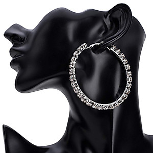 Xerling Large Rhinestones Circle Hoop Earrings Big Crystal Hoop Earrings Full Clear Rhinestones Bridal Earrings (Silver)