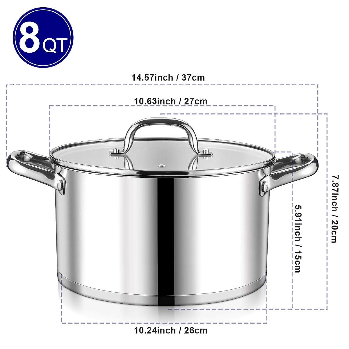 LIANYU 8 QT Stock Pot, Stainless Steel Heavy duty Cookware Pot, Large Cooking Pot for Pasta Soup Noodles, Compatible with Ceramic Gas Induction Cooktop, Dual Handles & Glass Lid, Dishwasher Safe