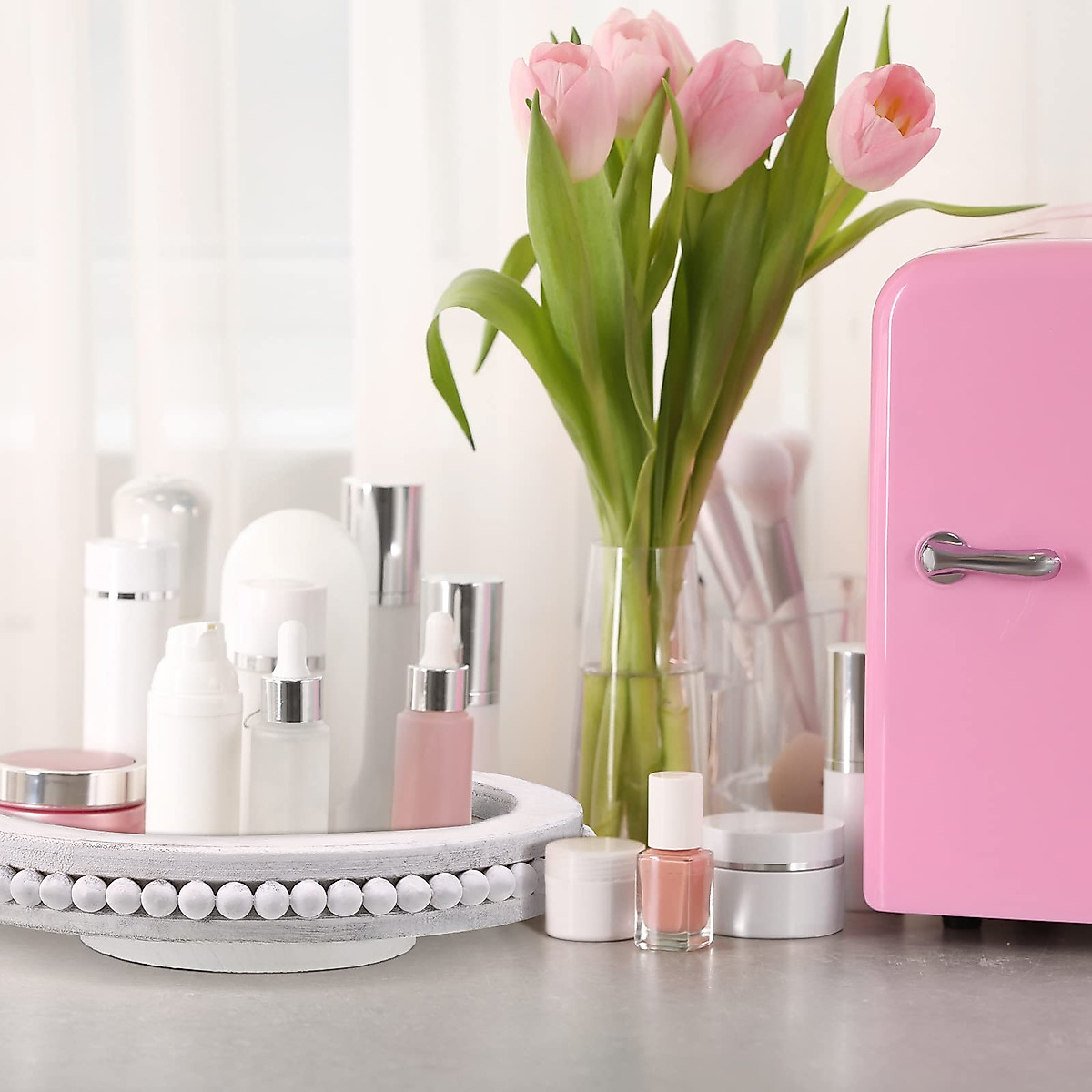 Wooden White Beaded Lazy Susan Round Spinning Kitchen Turntable 360 Degrees Rotating Lazy Susan Kitchen Tray for Cabinet Counter, 9.8 inch