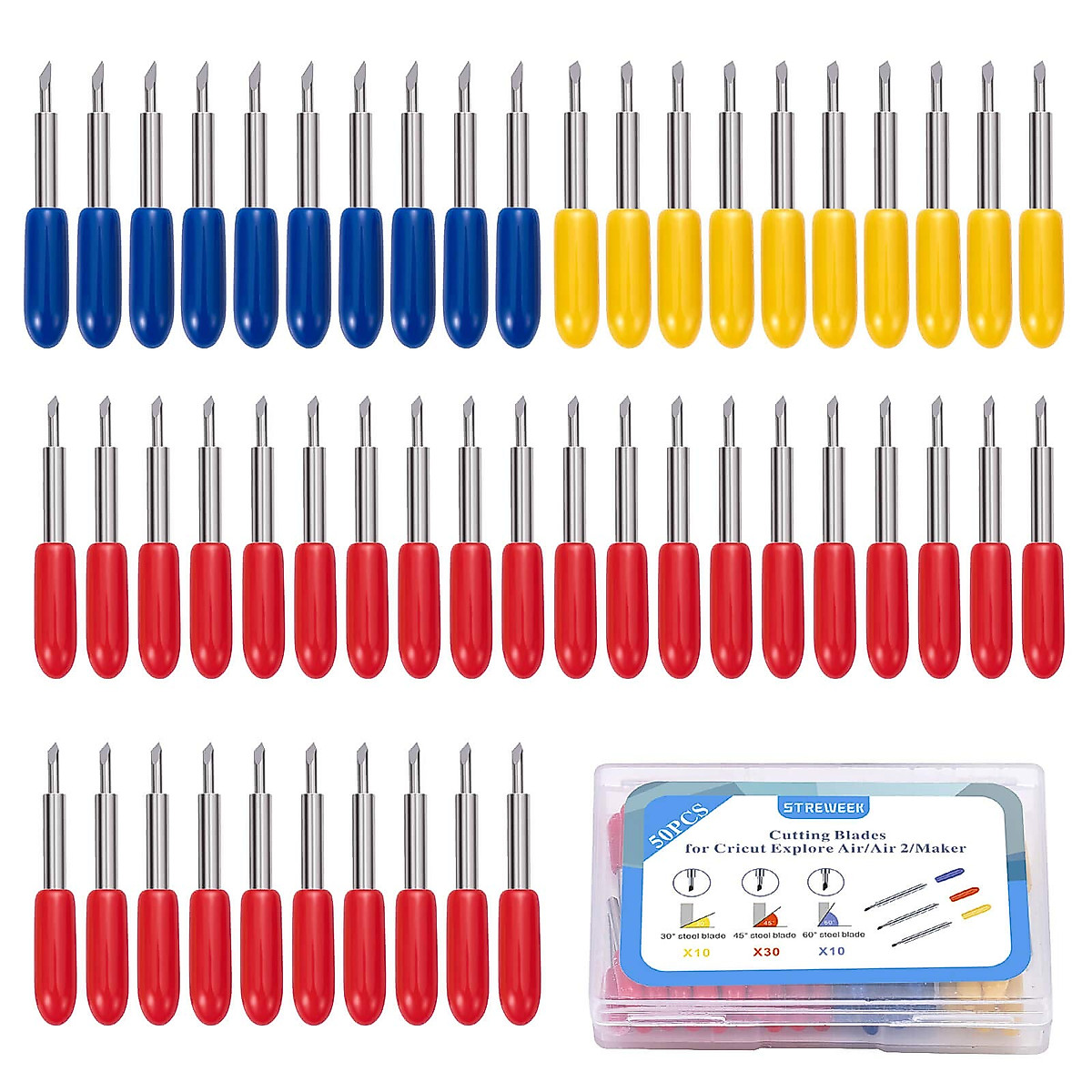 STREWEEK 50PCS Cutting Blades compatible for Cricut Explore Air/Air 2/Air 3/Maker 3, These Fine Point Blades Consist of 10PCS 30°Shallow Cutting Blades,30PCS 45° Standard Blades and 10PCS 60° Deep Cutting Blades