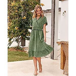 BTFBM Elegant Short Sleeve V Neck Swiss Dot Midi Summer Dresses for Women 2023 Boho Ruffle Long Dresses Ruffle Cocktail Dress（Solid Green,X-Large