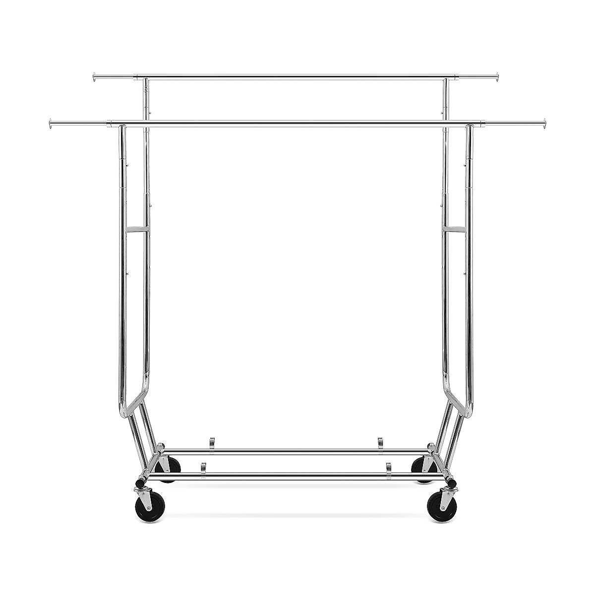 Double Rail Garment Rack with Adjustable Extendable Rails, Chrome Finish Collapsible Clothing Rack, Commercial Grade Clothes Drying Rack, Rolling Racks with Wheels
