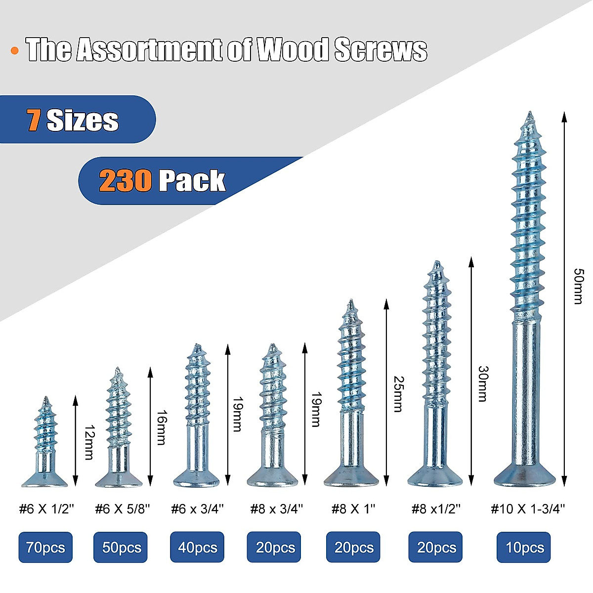 Hongway 230pcs Wood Screws Assortment Kit, Flat Head Wood Screws Set, Zinc Plated Steel, Self Tapping Screws, Drywall Screws Assortment, Assorted Wood Screws, Assorted Screws(7 Sizes)