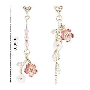 Pink Flower Cherry Blossom Petal Tassel Zircon Dangle Drop Earrings Cute Butterfly Heart Pearl Floral Earrings for Women Summer Refreshing Holiday Jewelry-heart