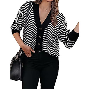 PRETTYGARDEN Women's 2023 Button Down Pullover Sweater Long Sleeve V Neck Open Front Striped Knit Cardigans (White,Medium)