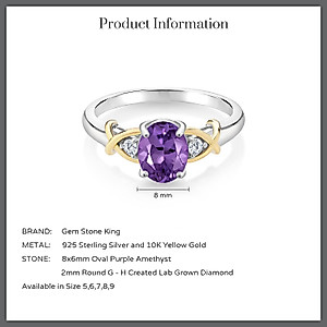 Gem Stone King 2 Tone 10K Yellow Gold and 925 Sterling Silver Purple Amethyst and Lab Grown Diamond Engagement Ring For Women (1.23 Cttw, Gemstone Birthstone, Available In Size 5, 6, 7, 8, 9)