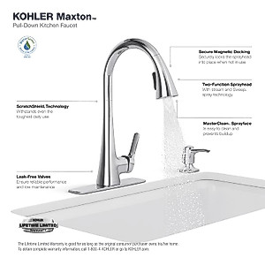 KOHLER R26281-SD-CP Maxton Touchless Pull-Down Kitchen Faucet with Soap Dispenser, Kitchen Sink Faucet with Pull Down Sprayer, Touchless Activation Faucet, Polished Chrome