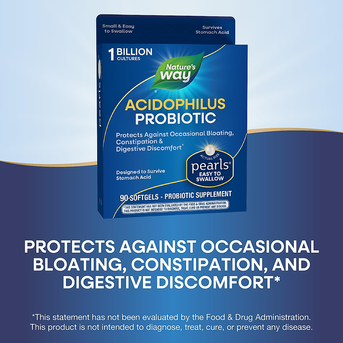 Nature's Way Acidophilus Probiotic Pearls, Supports Digestive Balance*, Protects Against Occasional Constipation and Bloating*, 1 Billion Live Cultures, 90 Softgels (Packaging May Vary)