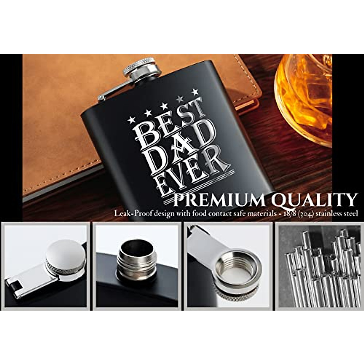 Dad Hip Flask, Flasks for Liquor, Stainless Steel Flask (Black 6oz) Father's Day, Birthday, Christmas, Retirement Gifts for Dad, Best Dad Ever, Onebttl