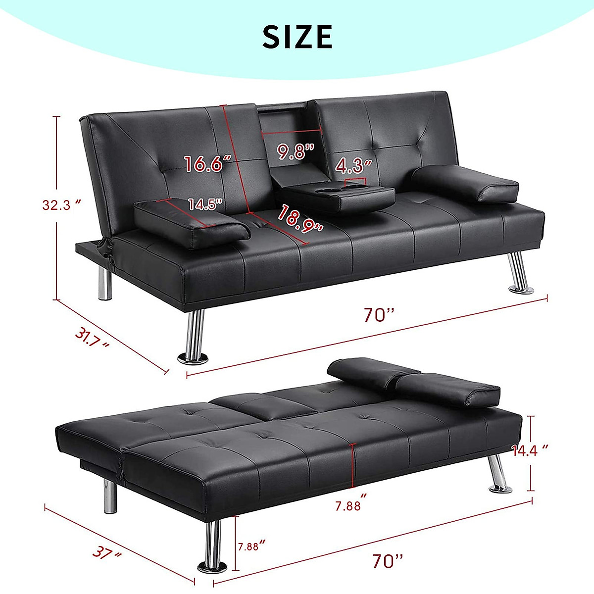 AINN 70 Inch Futon Sofa Bed, Twin Convertible Loveseat Sofa Couch, Removable Armrests Faux Leather Folding Sleeper Sofa with Cup Holder for Living Room Bedroom, Apartment and Small Space(PU, Black)