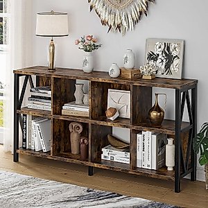SOMEET 8 Cubes Open Bookshelf with Back Panel, Horizontal Organizer Cubby Storage Bookcase with Legs, Industrial Rustic Wood and Metal Long Display Cabinet Shelf for Living Room, Walnut Brown