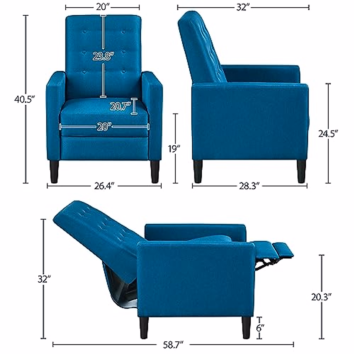 Yaheetech Fabric Recliner Chair Mid-Century Modern Recliner Adjustable Single Recliner Sofa with Thicker Seat Cushion Tufted Upholstered Sofa with Pocket Spring for Living Room Bedroom Blue