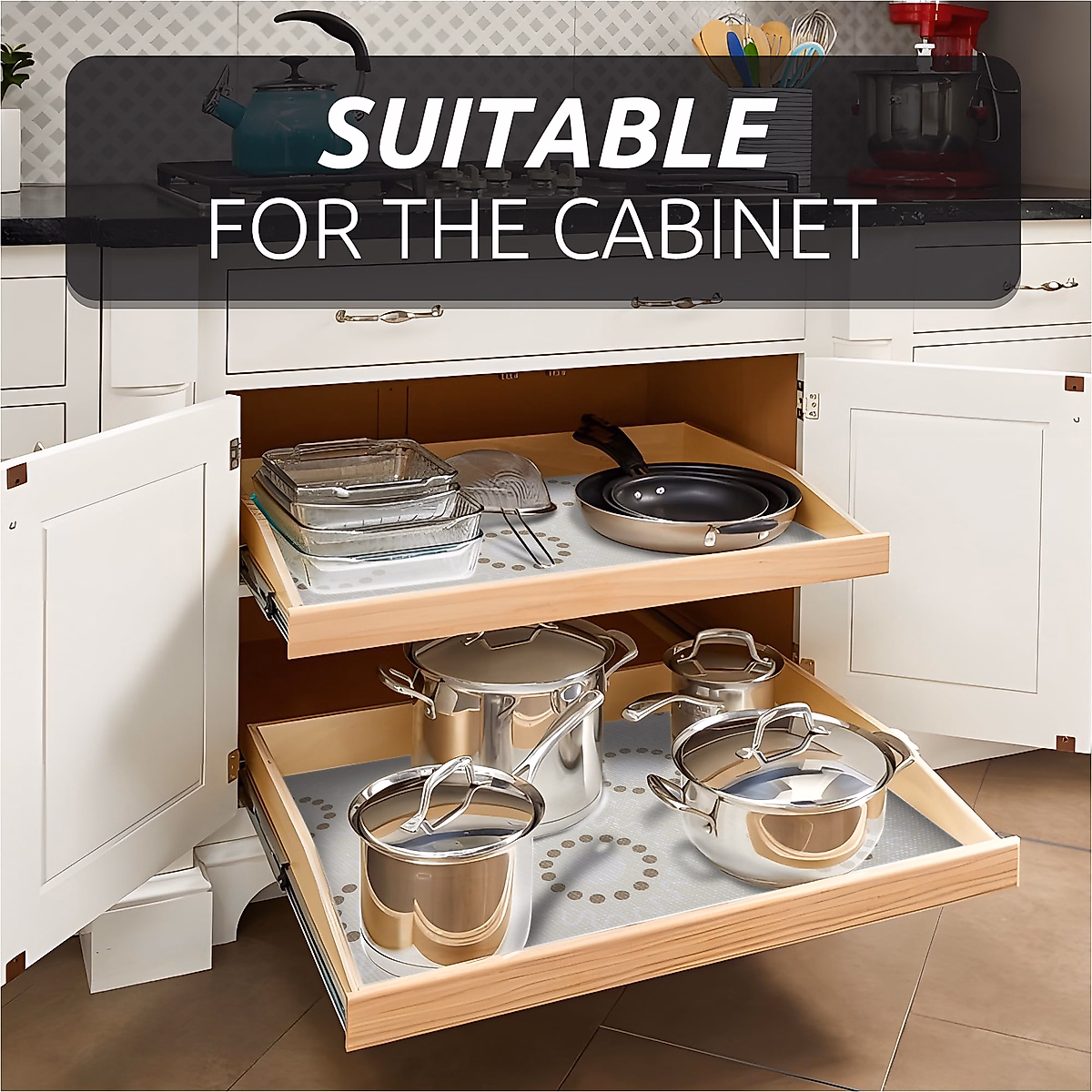 FIFTY FEET 12X120 Inch Shelf Liner for Kitchen Cabinets, PVC Drawer Liner for Dresser Non-Slip Bathroom, Non-Adhesive Cabinet Liner Washable (Beige Circle)(1 Roll)