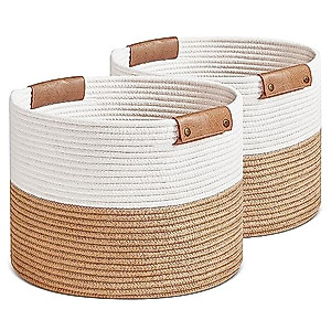 R RUNKA 2 Pack Storage Basket 14" x 11", Soft Woven Shelf Baskets for Storage with Leather Handles,Organizer Basket Set for Laundry, Toys, Books and Baby Blankets