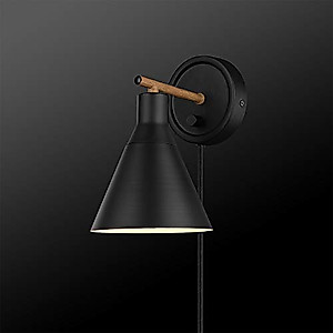 Globe Electric 51725 1-Light Dimmable Plug-in or Hardwire Wall Sconce, Matte Black, Faux Walnut Accent, Stepless Dimming Rotary Switch on Canopy, Black Fabric Cord, Wall Lights for Bedroom Plug in