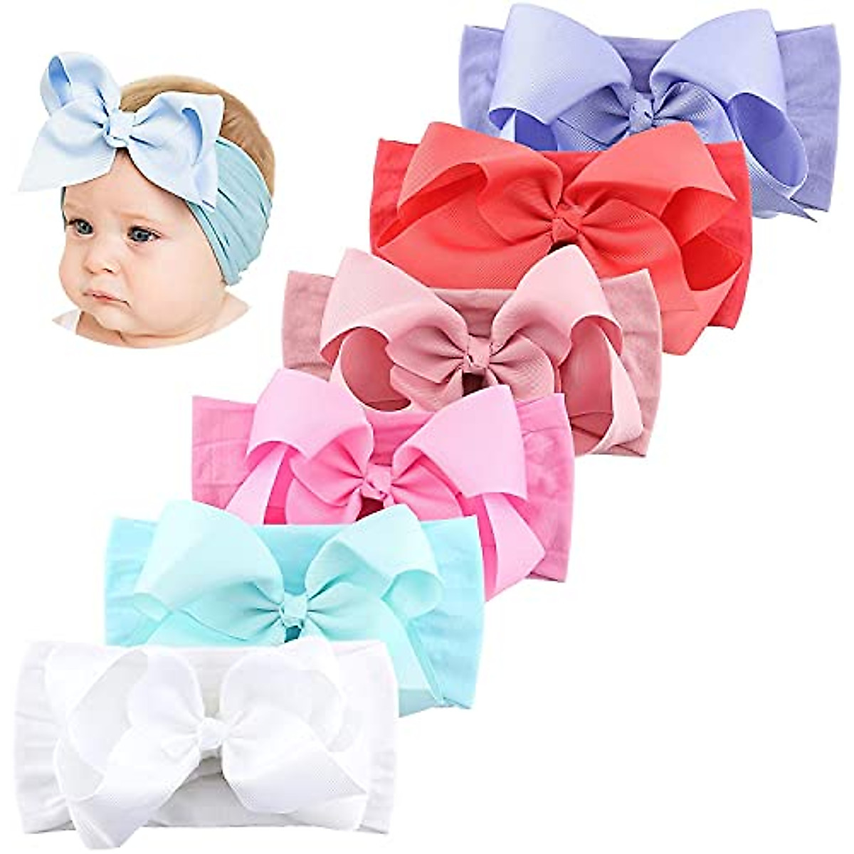 Makone 6PCS Nylon Headbands for Baby Girl, Handmade Hairbands with Bows Stretchy 5.5 inch Hair Bow for Kids Toddlers Infants Newborn