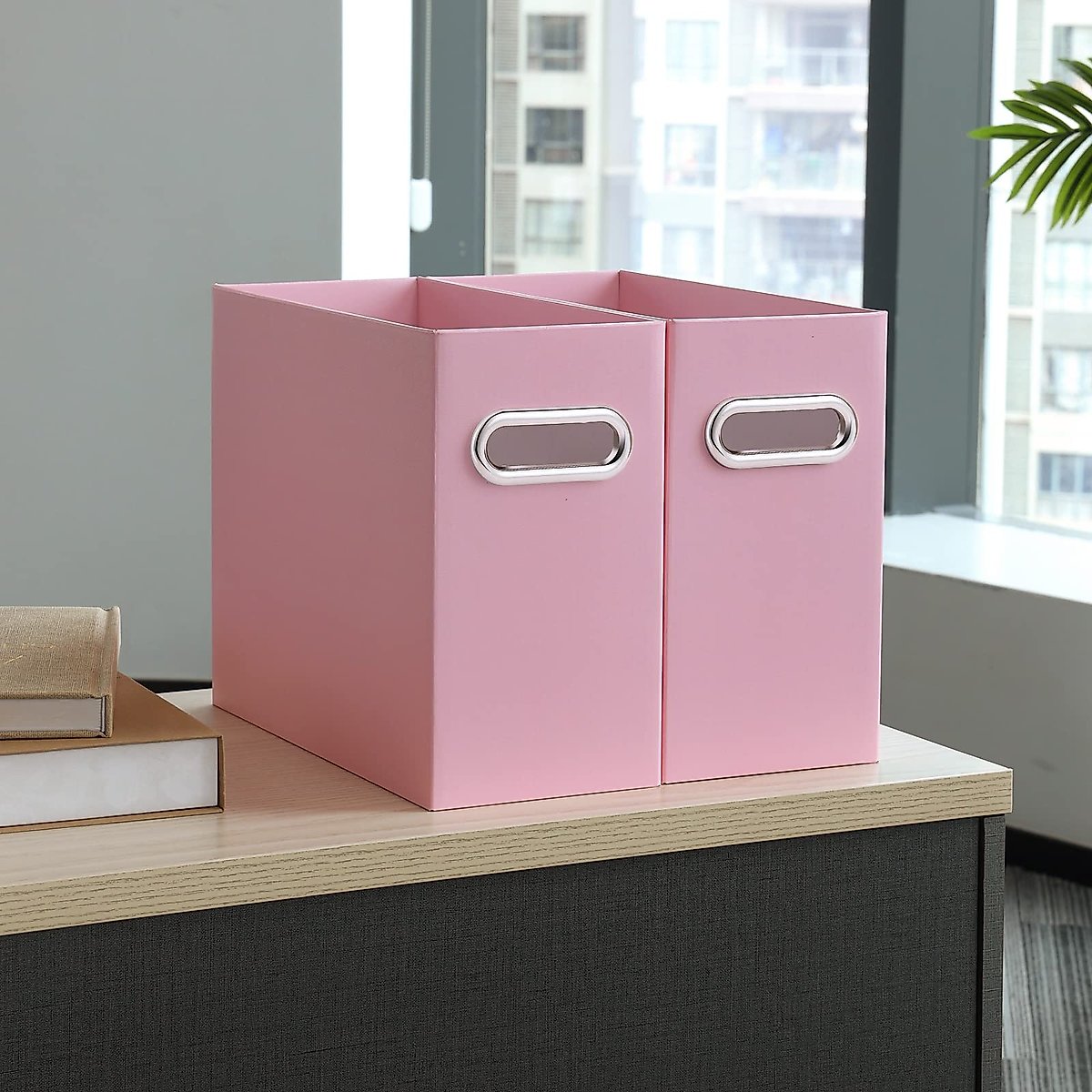 Oterri File Organizer, Small Storage Box, Cardboard File Folder Organizer, Collapsible File Box, Hanging File Organizer for Letter Size, Portable File Box with Handle, Only Box（Pink，2 Packs）