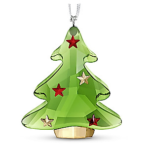 SWAROVSKI Green Christmas Tree Ornament, For Hanging on a Tree or for Display, Green Crystal with Gold and Red Accent Stars, Part of the Swarovski Joyful Ornaments Collection