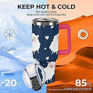 Cute Sheep Pattern 40oz Water Bottle Double Wall Insulated Tumbler with Handle Leakproof Travel Mug Light Rose Red-style