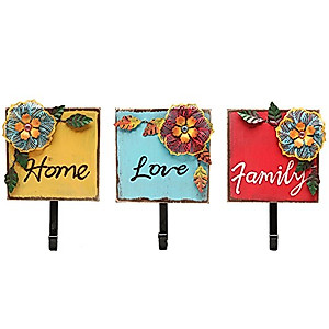MyGift Wood and Metal Wall Coat Hooks, Hanging Key Holder Rack, Entryway Wall Decoration with Tropical Flower and Family, Home, Love Design, 3 Piece Set