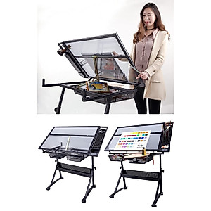 Adjustable Glass Drafting Table,Versatile Art Study Table,with Storage Drawers,Art Studio Design Sketching Painting Work Station