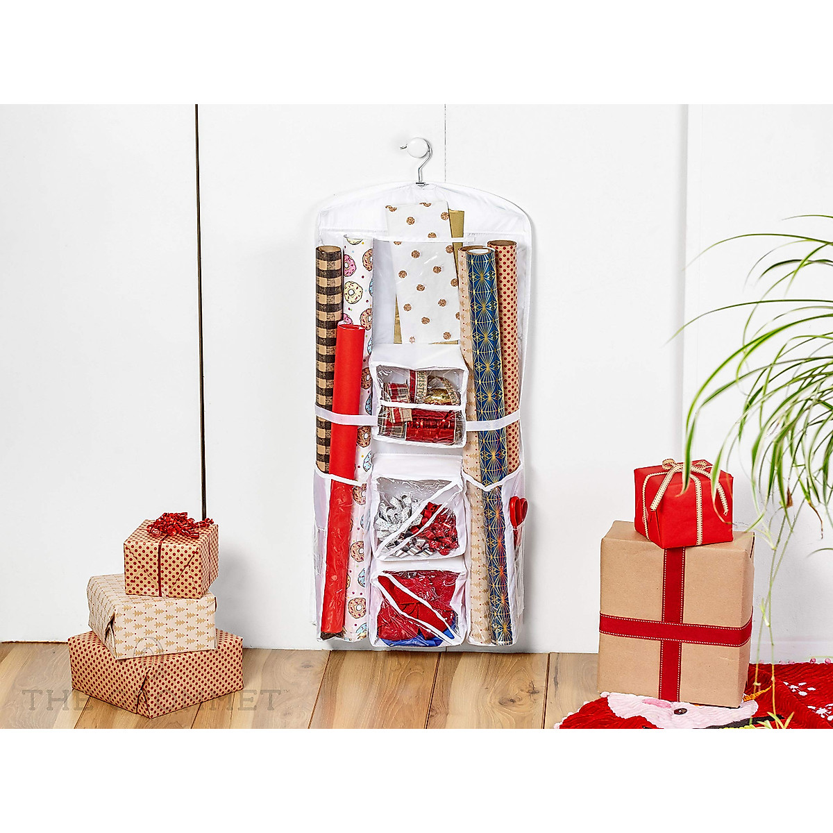 Gift Wrap Organizer - Storage for Wrapping Paper (All Sized Rolls), Gift Bags, Bows, Ribbon and More - Organize Your Closet with this Hanging Bag & Box to Have Organization, Clear Pockets & Hook Hangs