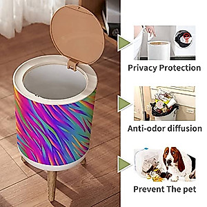 Small Trash Can with Lid Zebra Rainbow Abstract Seamless Colorful Stripes Repeating Printing Garbage Bin Wood Waste Bin Press Cover Round Wastebasket for Bathroom Bedroom Diaper Office Kitchen