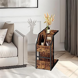 AWQM C Shaped End Table with Storage Compartment, Small Side Table for Couch, Living Room, Bedroom, Industrial Style Beside Table, Sofa Table, Snack Table, Bed Side Table
