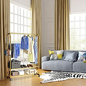 DSIOHFEI Metal Garment Rack Clothing Hanging Rack Free Standing Clothing Hanger with Top Rod,Lower Storage Shelves for Home Bedroom Laundry (Golden)