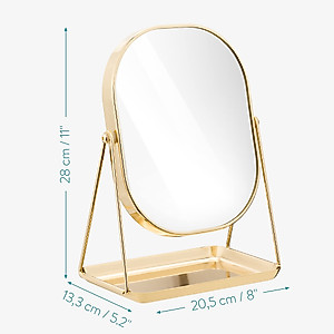 Navaris Vanity Mirror with Tray - Table Top Mirror with Metal Stand and Storage - 7" x 9" Mirror Size - for Makeup, Tabletop, Desk - Rose Gold Finish