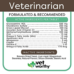 Vet Worthy Joint Support Level 4 - Chewable Tablet| Supports Bone Health and Healthy Joints - Dog Supplement with Glucosamine and Hyaluronic Acid | Vet Strength Joint Care | Liver Flavor, 60-Count