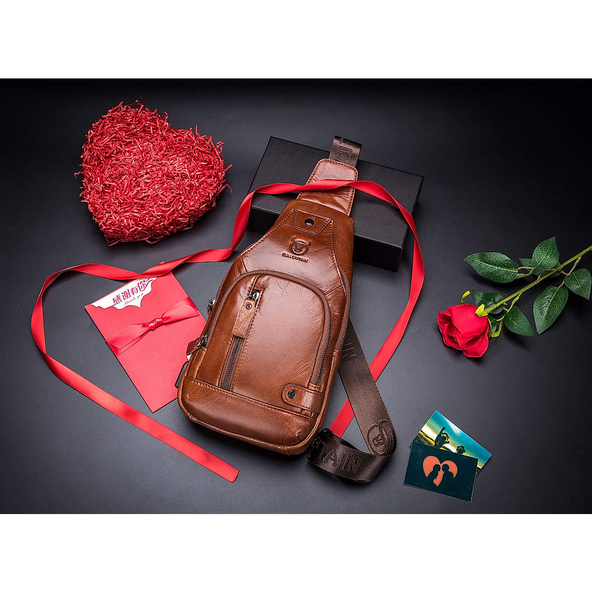 BULLCAPTAIN Mens Sling Bag Genuine Leather Chest Shoulder Bags with USB Charging Port Casual Crossbody Bag Travel Hiking Daypacks (brown)