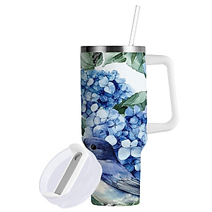 ALAZA Blue Hydrangea Flowers Bird 40 oz Tumbler Water Bottle with Straw Lid and Handle,Reusable Insulated Stainless Steel Cup for Women Men Travel Car Cup Holder