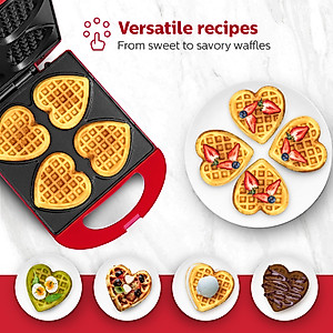 Holstein Housewares - Non-Stick Heart Waffle Maker, Red - Makes 4 Heart-Shaped Waffles in Minutes