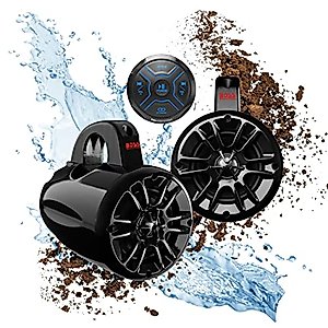 BOSS Audio Systems MG150T.4 Marine ATV UTV Waketower Speakers Gauge Receiver (Built-in 2 CH Amplifier) Package – IPX6 Weatherproof, Bluetooth Audio, No CD, USB, Aux-in, 4 Inch Speakers, 2 Way
