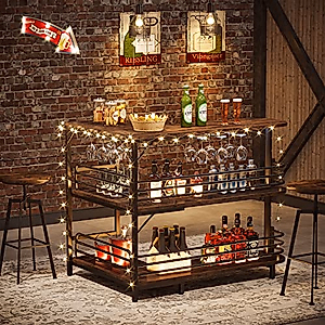 Tribesigns L-Shaped Home Bar Unit, 3 Tier Liquor Bar Table with Storage Shelves and Wine Glasses Holder, Industrial Corner Wine Bar Cabinet Mini Bars for Home Kitchen Pub, Rustic Brown