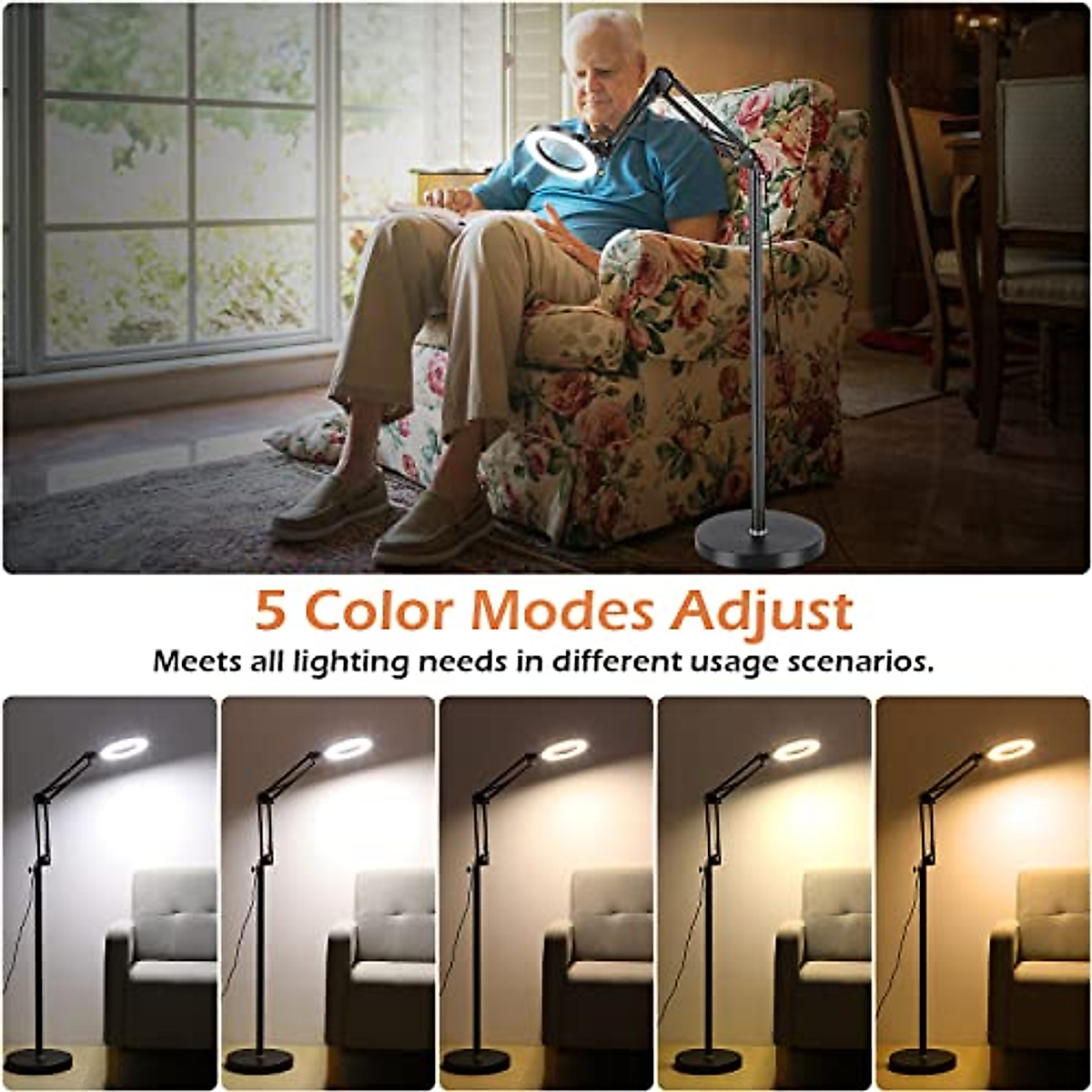 5X Magnifying Glass with Light and Stand, Krstlv LED 5 Color Modes, Stepless Dimmable Magnifying Floor Lamp, 3-in-1 Adjustable Swing Arm Lighted Magnifier Lamp with Clamp for Reading, Craft, Esthetic