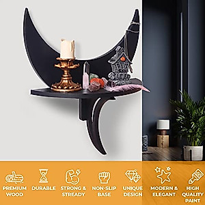 CEFRECO Floating Moon Shelf - Wooden Crystal Display Shelf - Crystal Holder for Stones and Essential Oils - Black Hanging Crescent Moon Phrase Shelf for Crystals- Witchy Gifts for Women