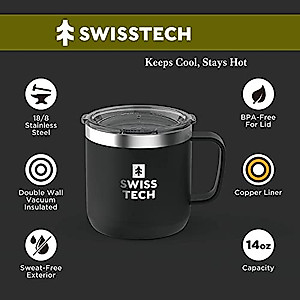 Swiss+Tech 14 oz Coffee Mug, Vacuum Insulated Mug Cup with Lid, Double Wall Stainless Steel Travel Tumbler Cup, Corrosion Resistant, BPA Free (Black&White)